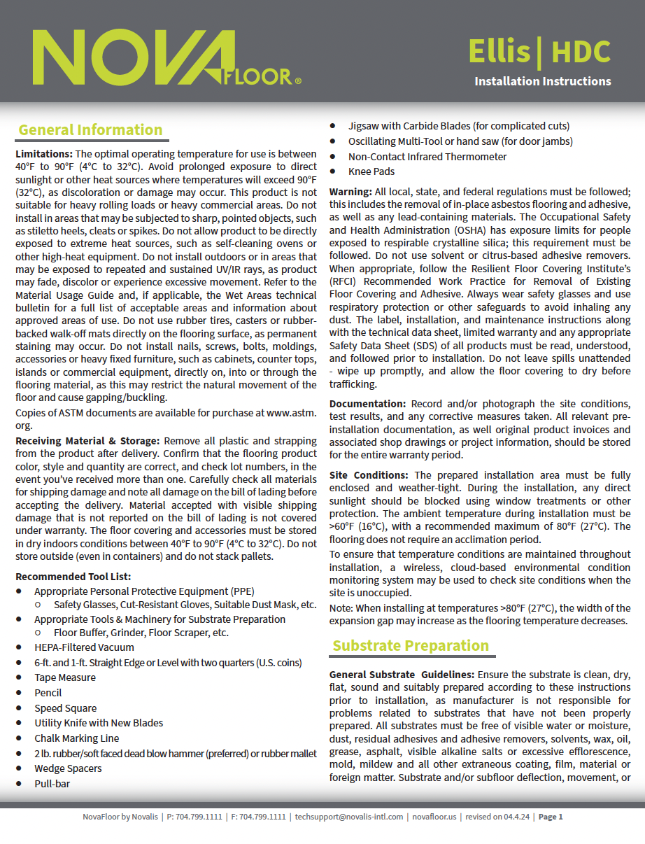 Ellis Tech Info | NovaFloor Luxury Vinyl Tile